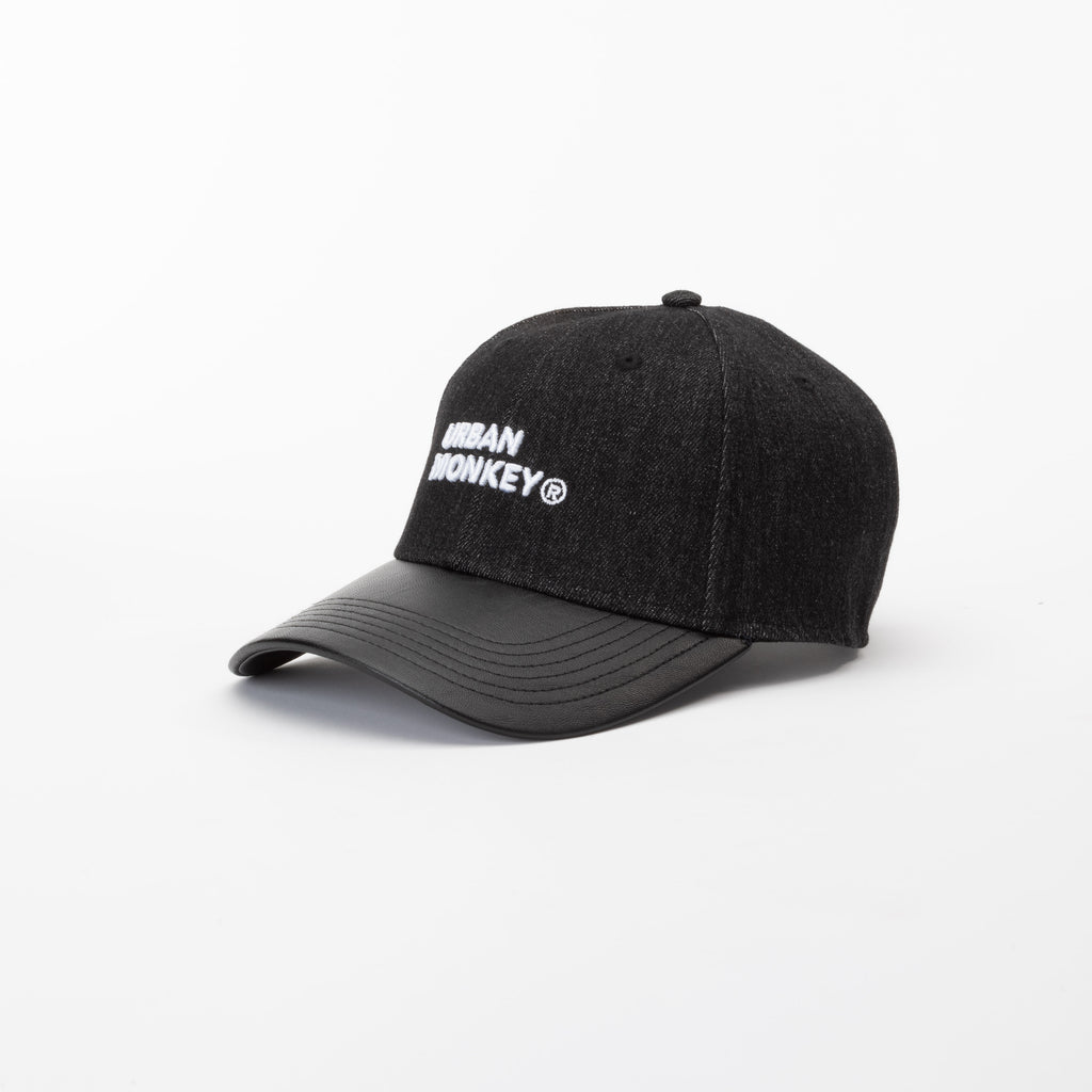 Buy Black Denim + Black Vegan Leather UM Logo Baseball Cap Online ...